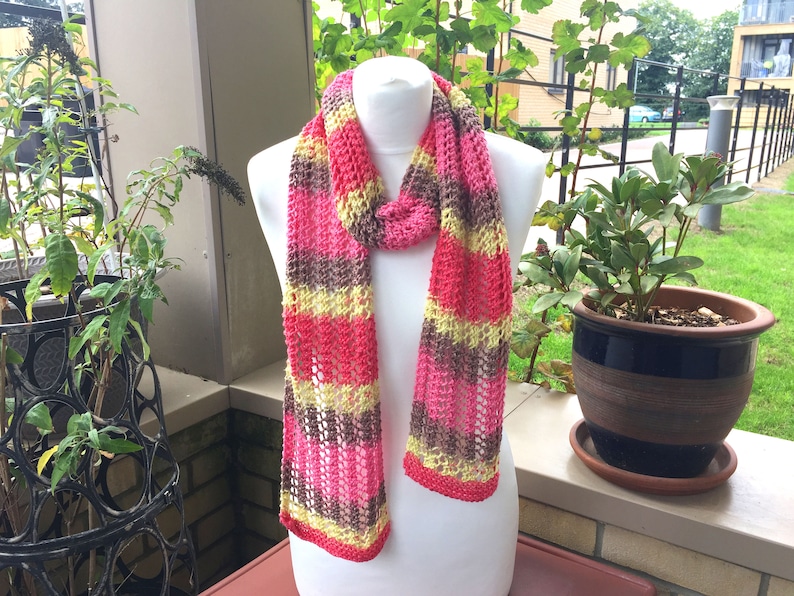 Knitted Lace Cotton Scarf: Handmade Pink, Yellow & Light Brown Neck ...
