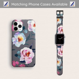 Pink Flowers on Grey Apple Watch Strap Flower Apple Watch Band 38mm ...