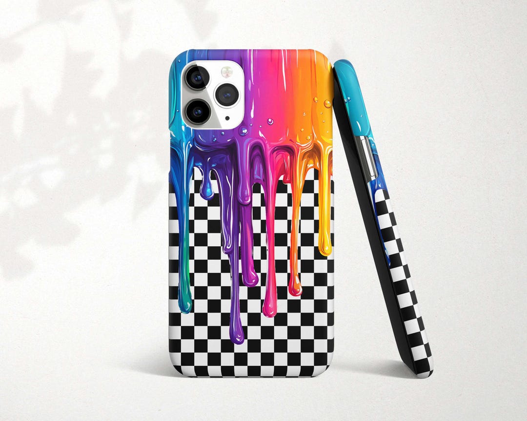 Rainbow Paint Dripping Down Black and White Checkerboard Phone Case for ...