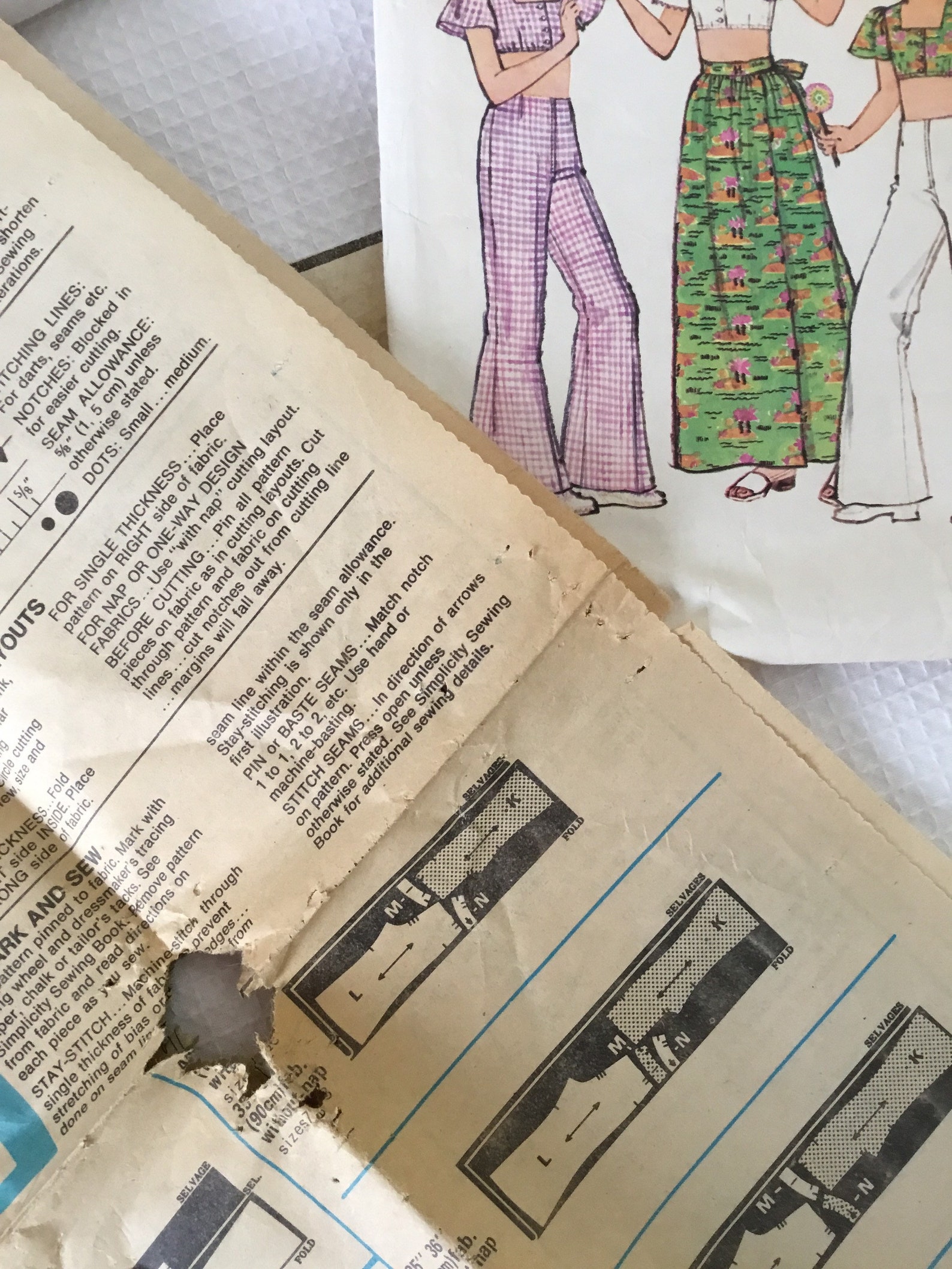 1974 Simplicity Girls' Sewing Pattern: Top, Bell-bottom Pants, Skirt ...