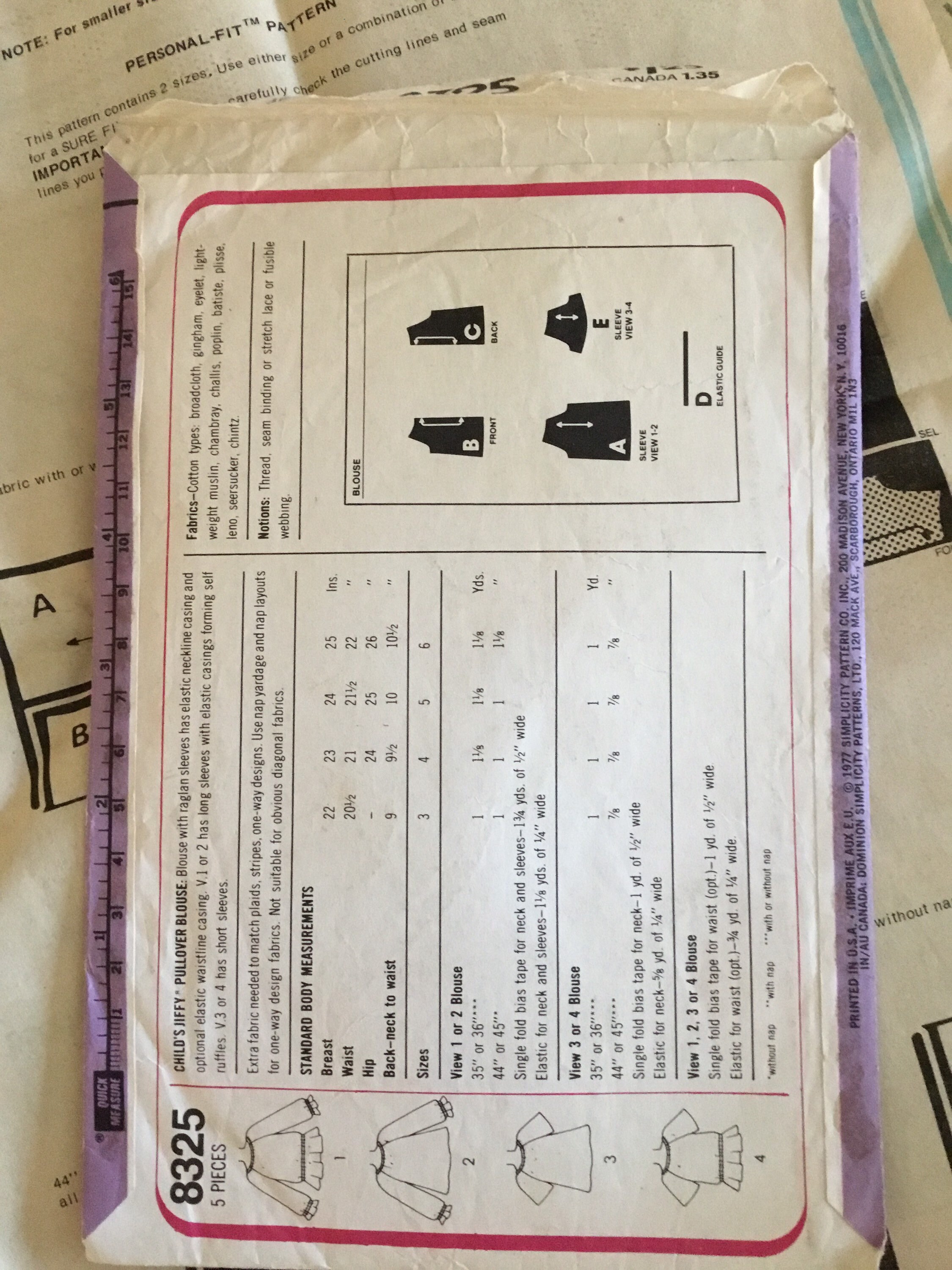 1977 Simplicity 8325 Sizes 5 & 6 Child's Jiffy Pullover Top/blouse ...
