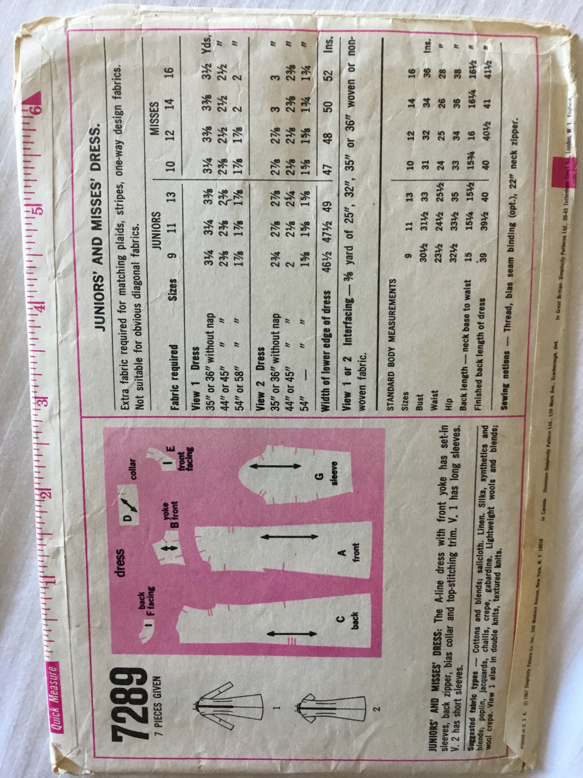 1967 Simplicity 7289 Size 36 Bust Dress Pattern - Etsy