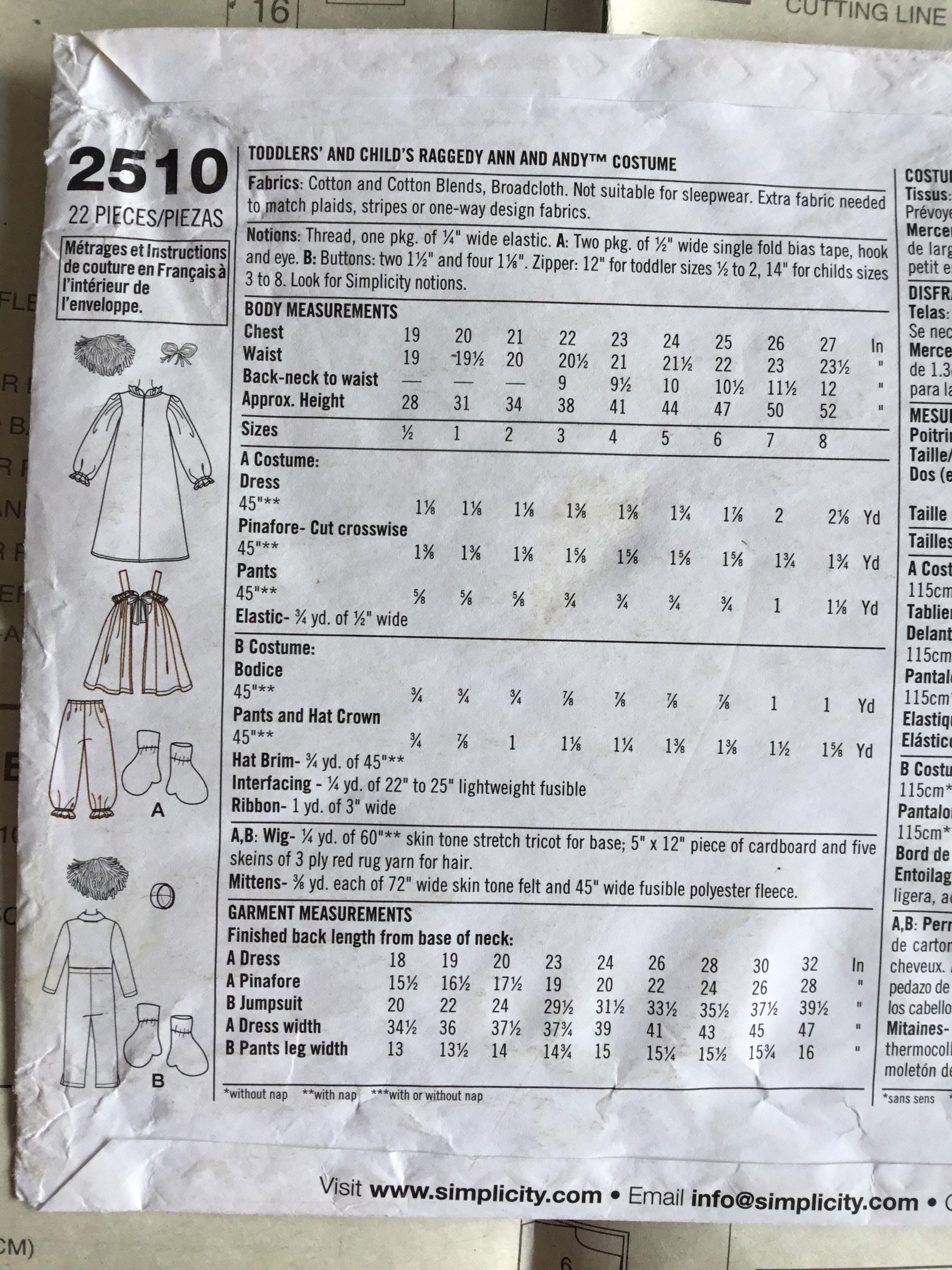 2009 Simplicity 2510 Sizes 3, 4, 5, 6, 7 & 8 Child's Raggedy Ann and ...