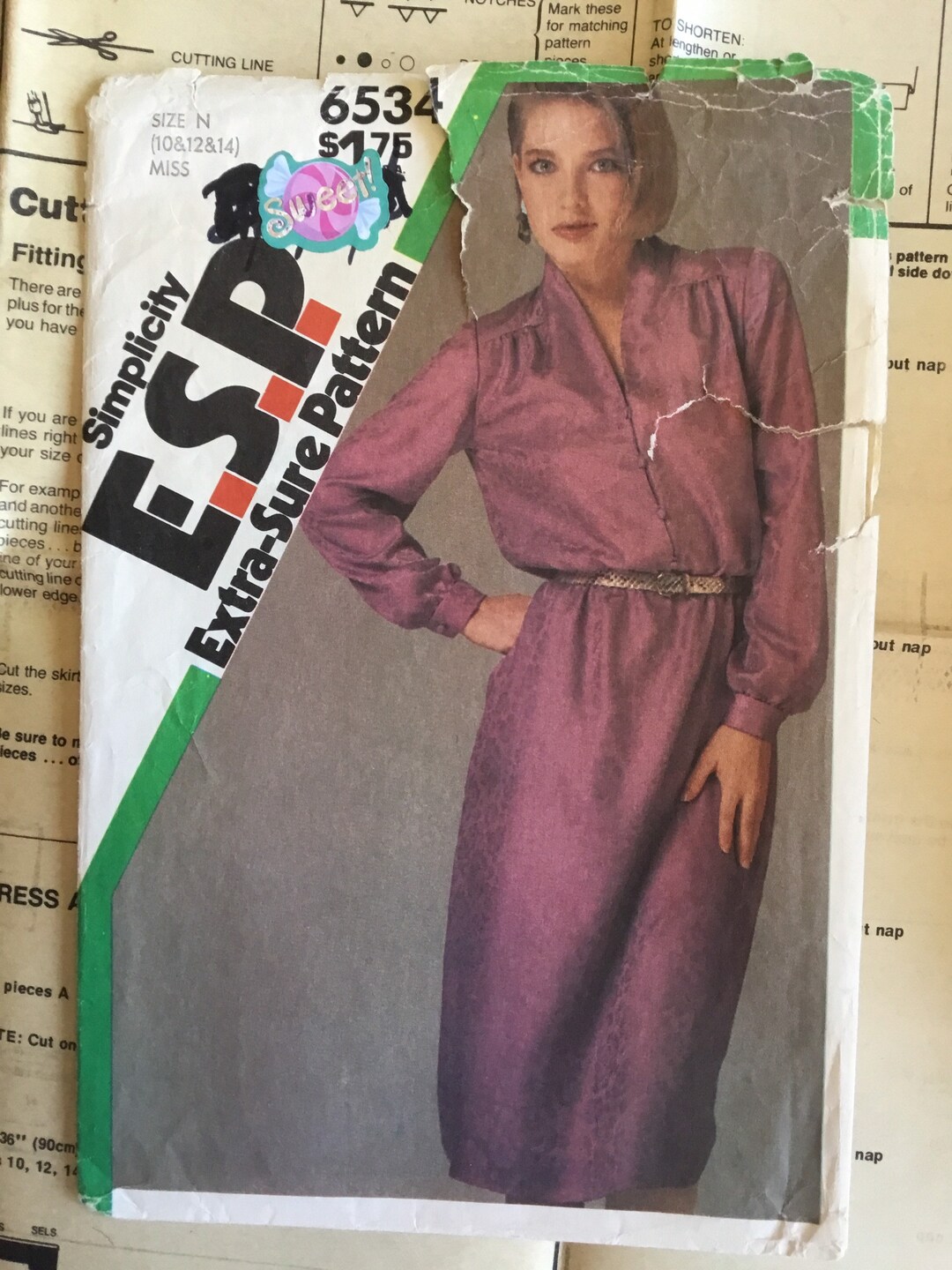 1984 Simplicity 6534 Sizes 10, 12, 14 Misses' Dress With Tie Belt ...