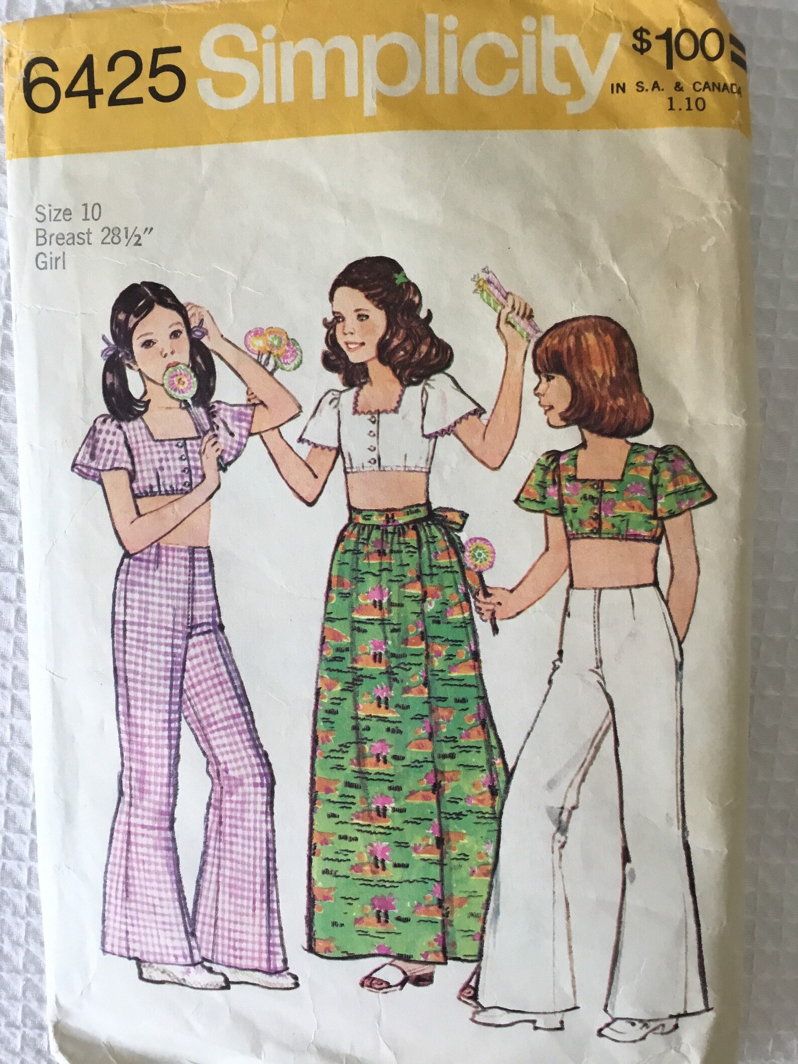 1974 Simplicity Girls' Sewing Pattern: Top, Bell-bottom Pants, Skirt ...