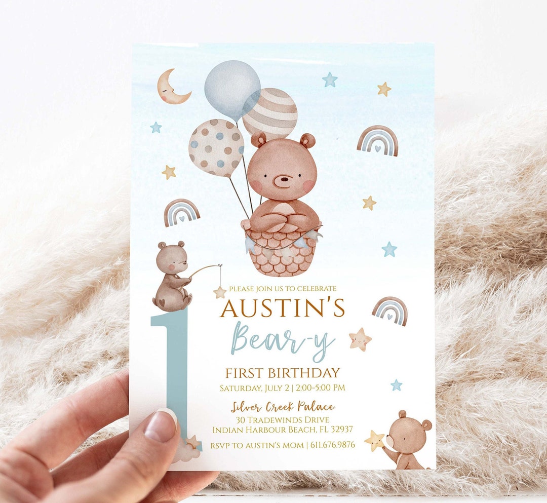 Bear Birthday Invitation, Beary First Birthday Party Invites, Boho Boy ...