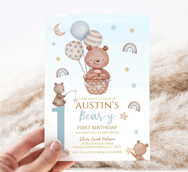 Bear Birthday Invitation Beary First Birthday Party Invites - Etsy