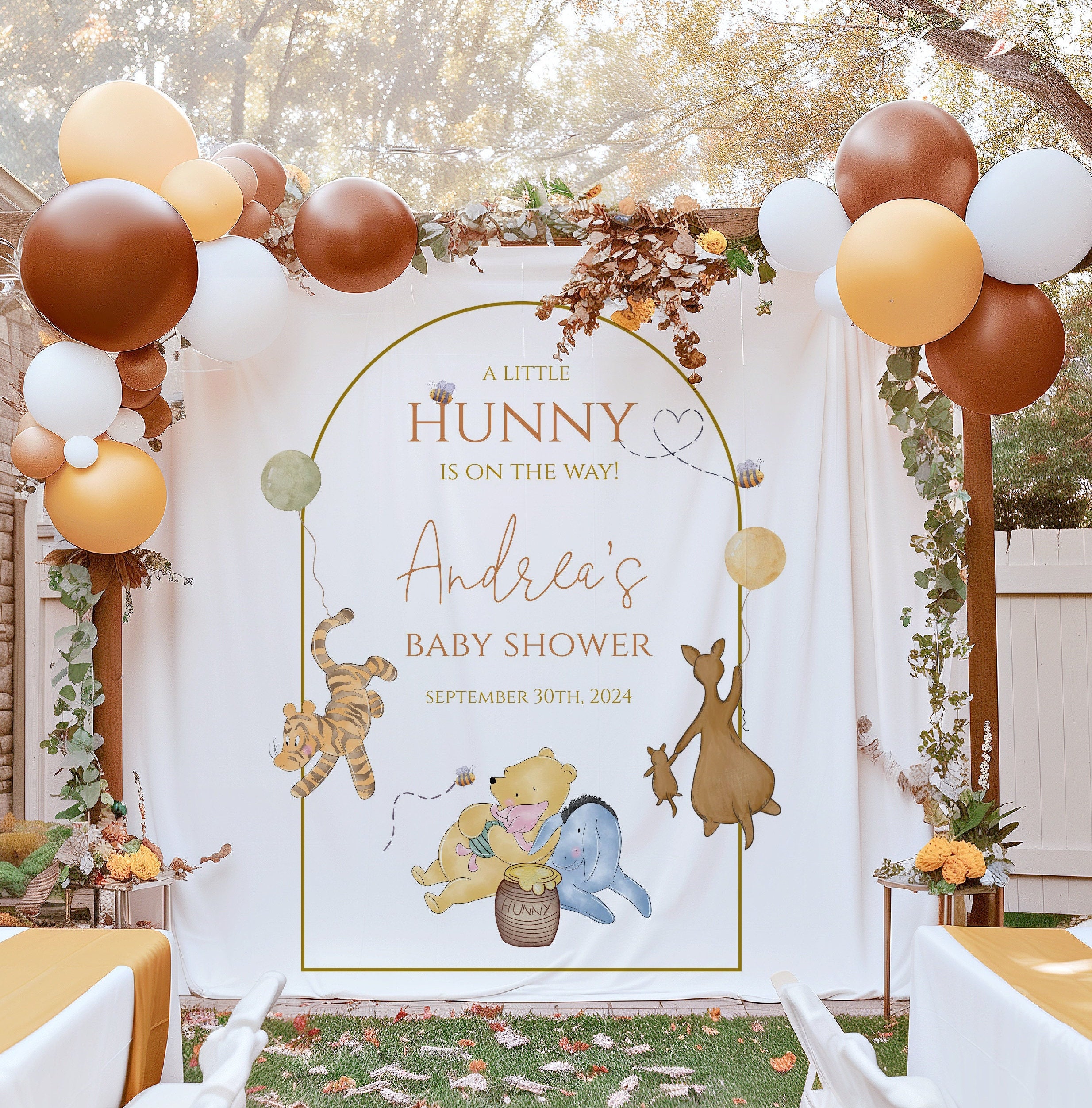 Classic Winnie the Pooh Baby Shower Printed Backdrop, Pooh Bear Gender ...
