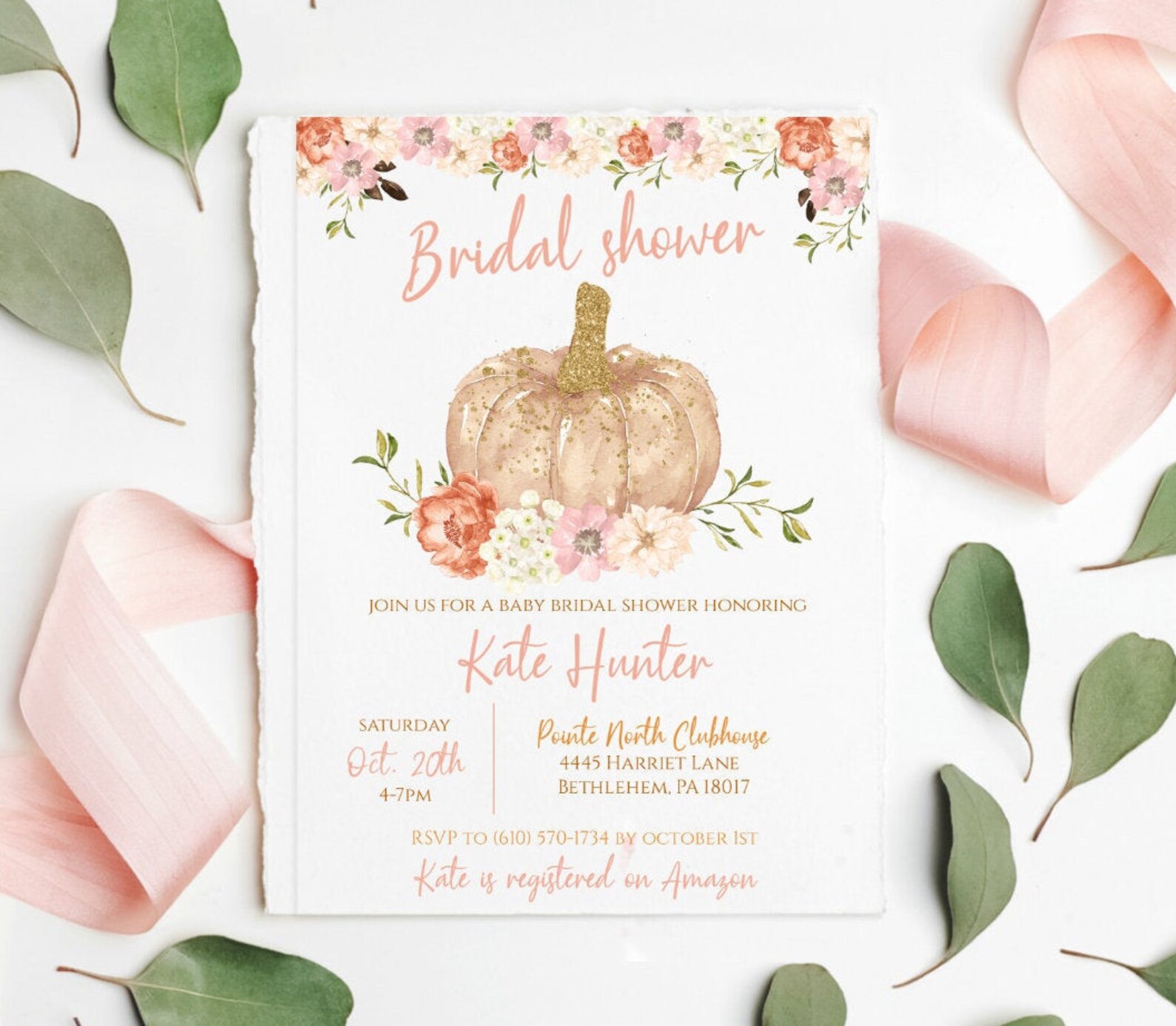 Fall Bridal Shower Invitation 5x7 Pumpkin Invite Autumn Leaves Fall in ...