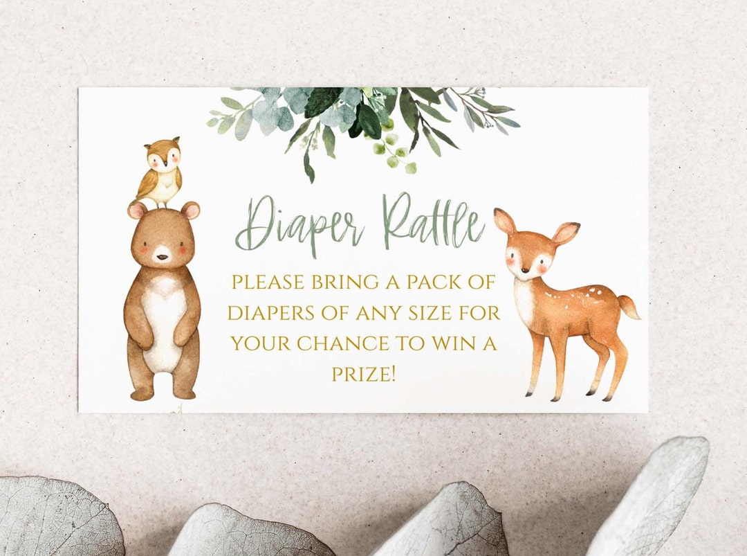 Woodland Baby Shower Diaper Raffle, Animal Greenery and Gold, Forest ...