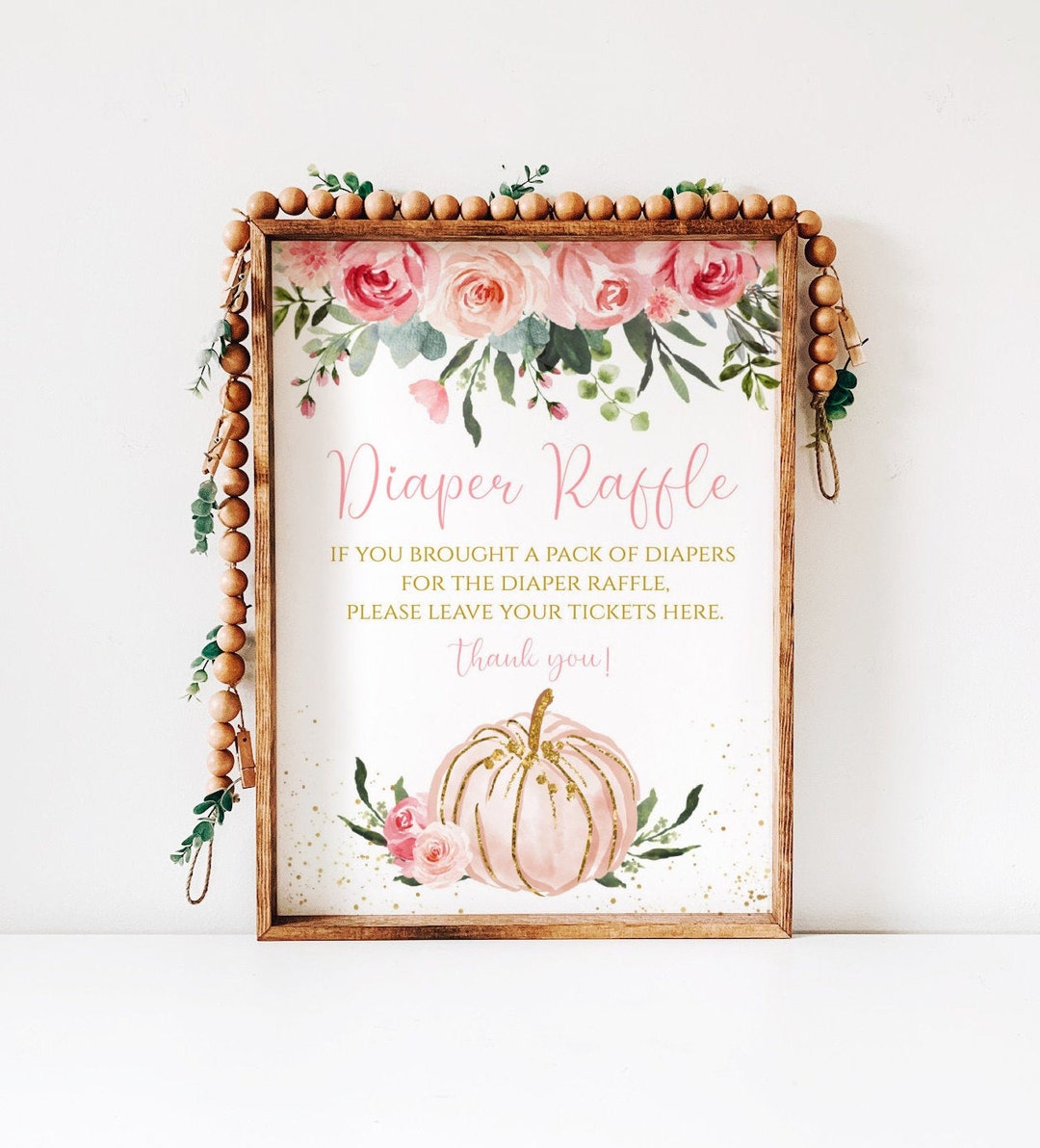 Pumpkin Diaper Raffle Sign Girl, Printable Table Sign, Floral Pink Gold ...