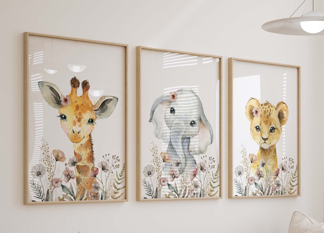 Boho Wildflower Safari Watercolor Prints, Neutral Animal Floral Nursery ...