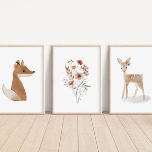 Boho Woodland Watercolor Prints, Floral Animal Nursery Wall Art, Girl's ...