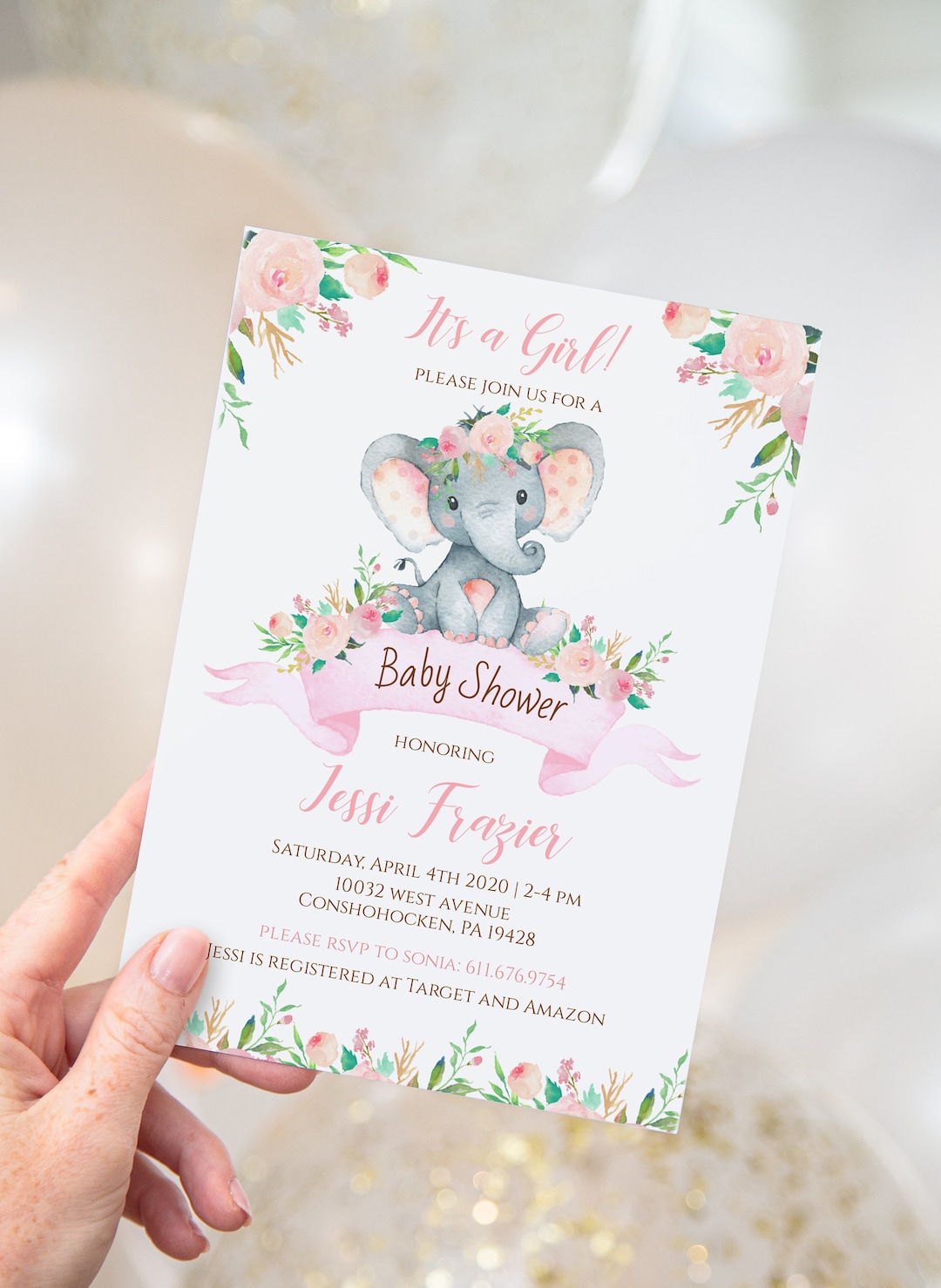 Elephant Baby Shower Invitation Girl, Baby Elephant Girl Baby Shower Invite, Baby Shower Invite ...
