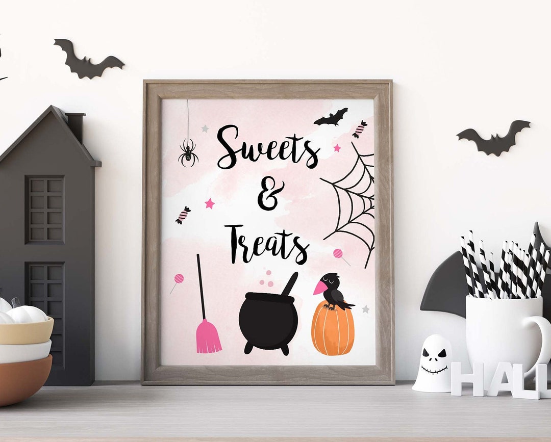 Halloween Pink Girl Sweets and Treats Sign. Cute Spooky Ghost Witch ...