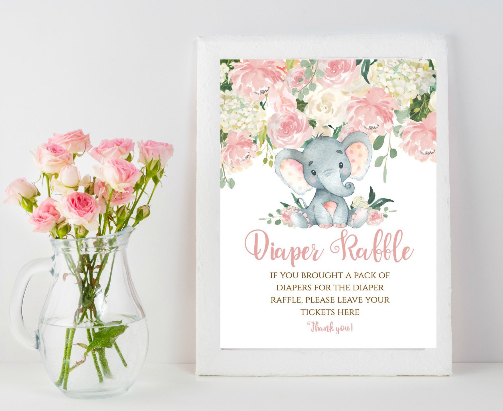 Elephant Diaper Raffle Sign, Pink Floral Elephant, Boho Elephant, Baby ...