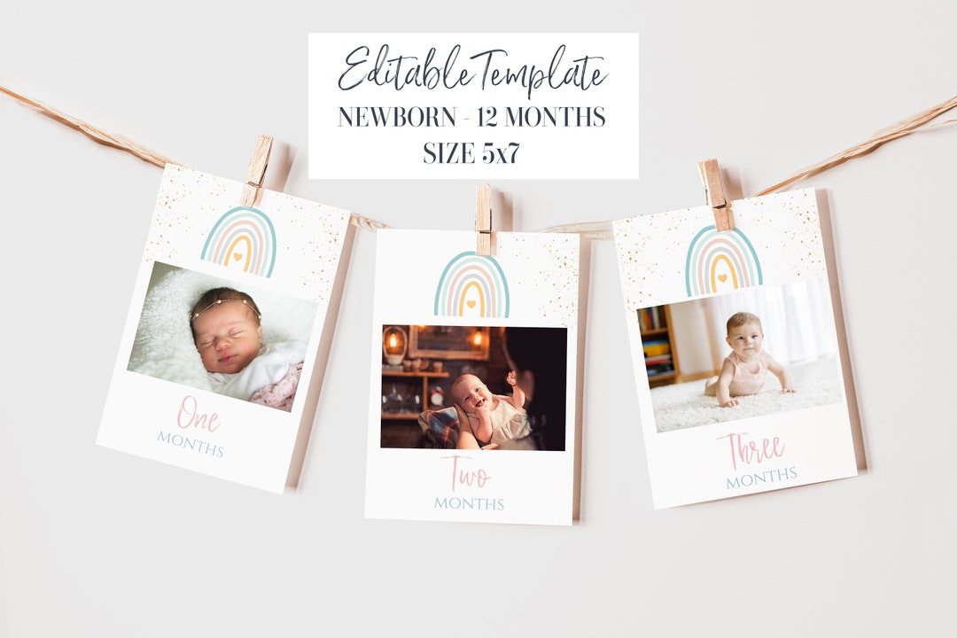Editable Pastel Rainbow Photo Banner- First Birthday| Modern 12 Month ...