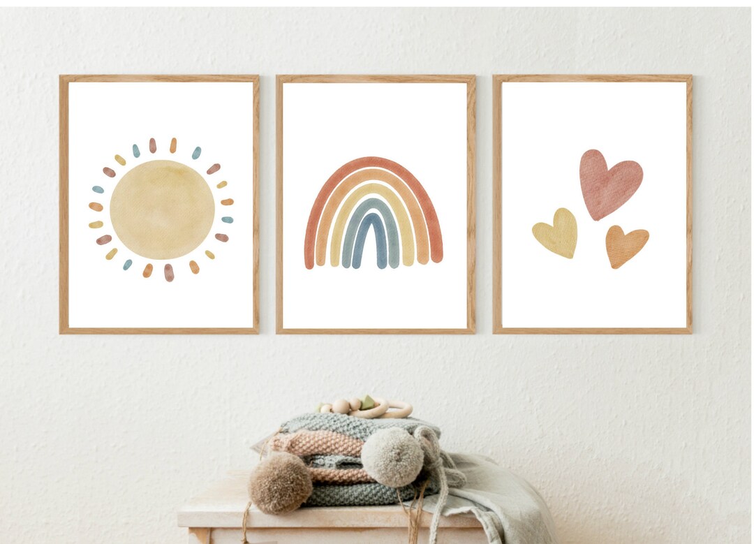 Set of 3 Prints Rainbow Nursery Decor Sunshine Print Hearts Wall Art ...