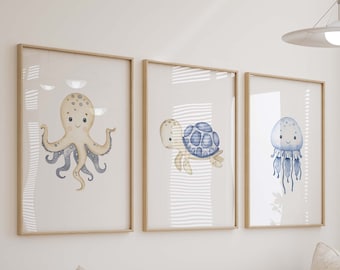 Ocean Animals Watercolor Painting 3 Print Set for Under the Sea Nursery ...