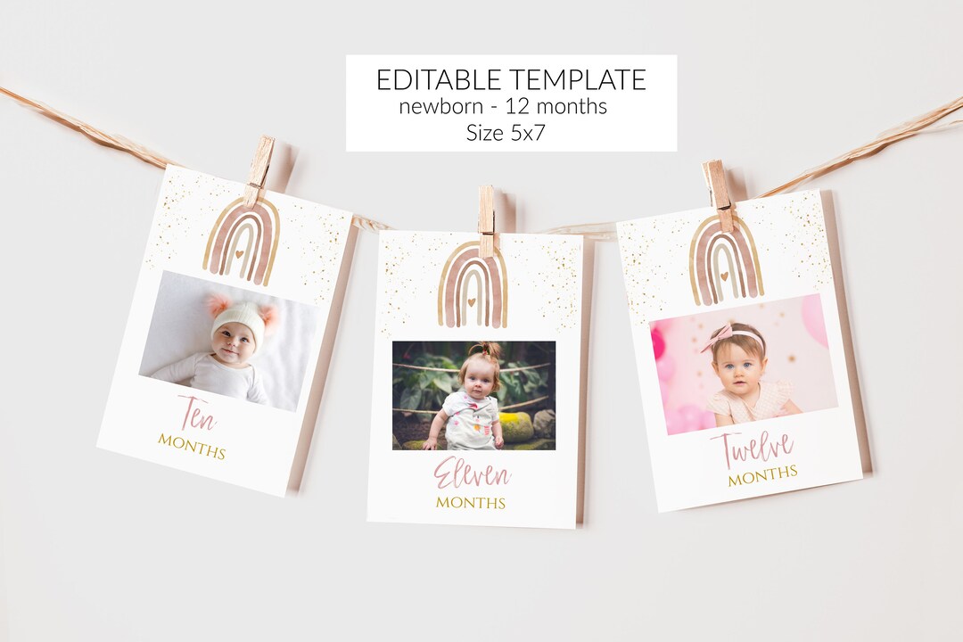 Editable Boho Rainbow Photo Banner- First Birthday| Modern 12 Month ...