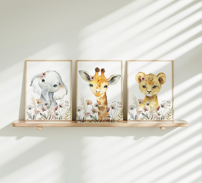 Boho Wildflower Safari Watercolor Prints, Neutral Animal Floral Nursery ...