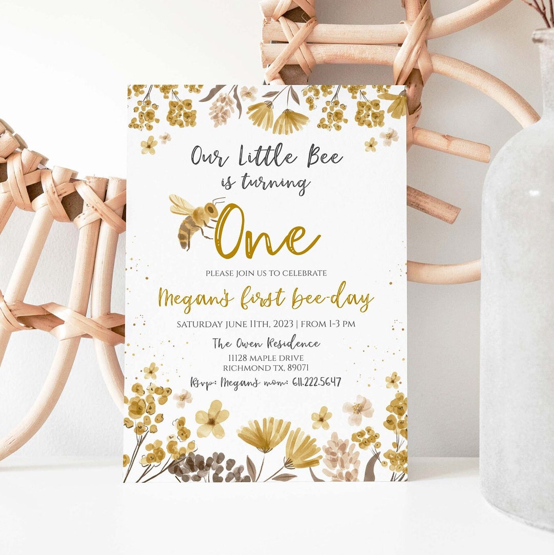 Modern Bee First Birthday Invitation | Editable Floral Bee Invite ...