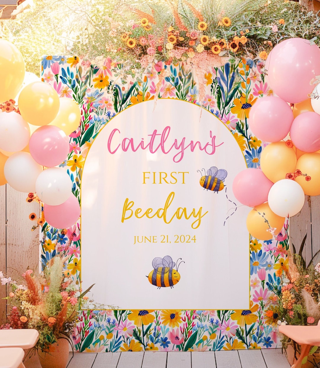 Bee First Birthday Backdrop, First Bee Day Floral Girl, Personalized ...