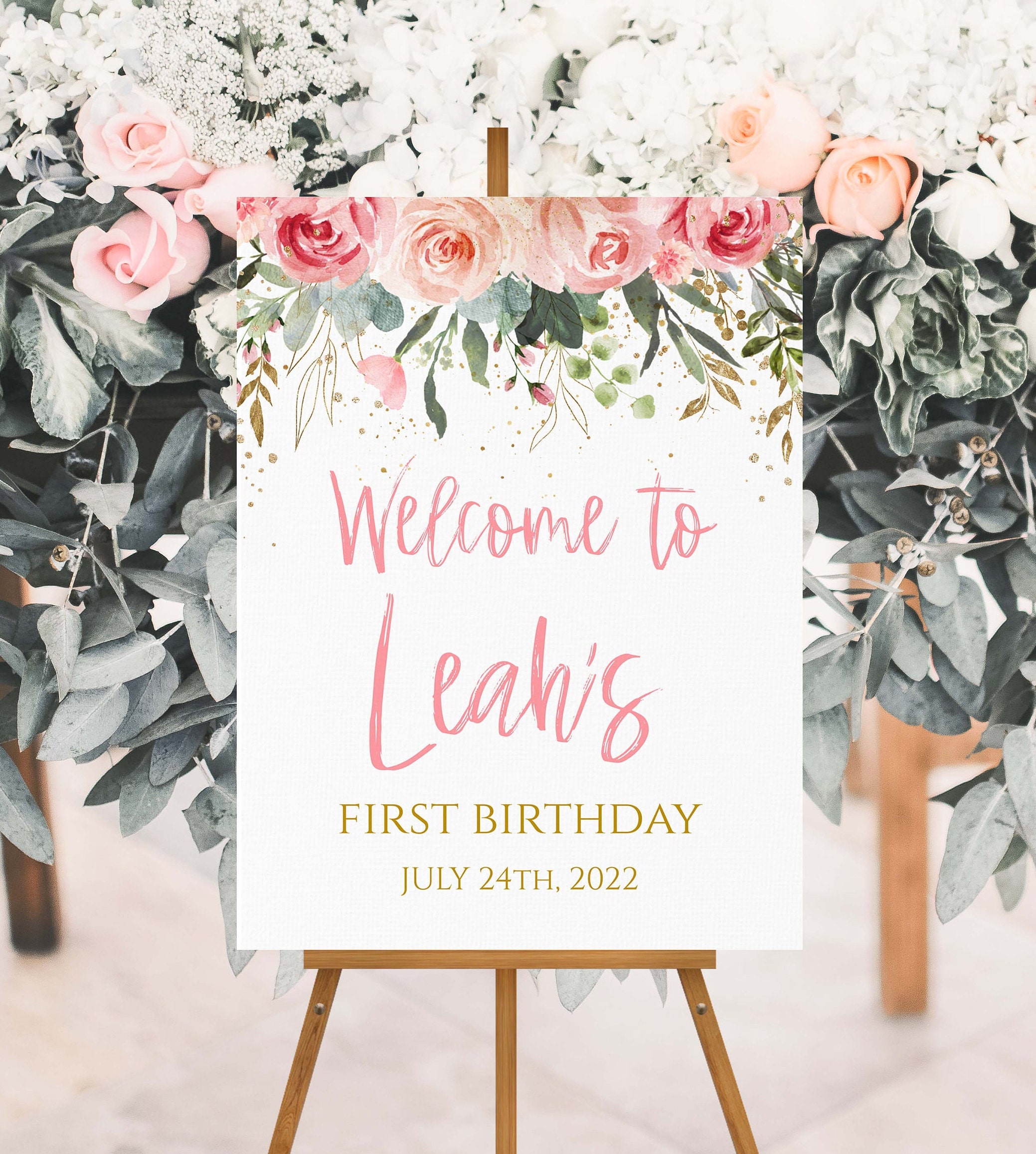 Printable Floral First Birthday Sign-pink Gold, Floral Decor, Pink Gold ...