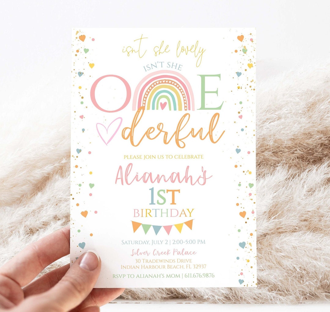 Pastel Rainbow First Birthday Invitation | Editable Rainbow Invite ...