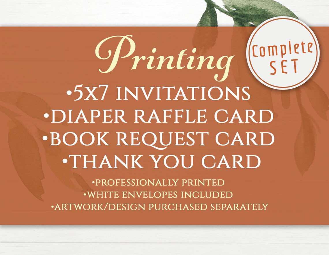 COMPLETE SET: Printed Invitations (5x7) With Envelopes + Diaper Raffle ...