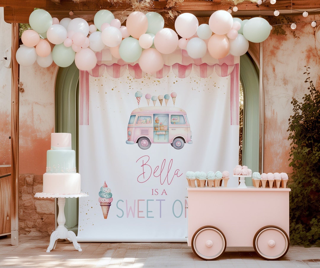 Sweet ONE Backdrop, Pastel Ice Cream Truck First Birthday, Personalized ...