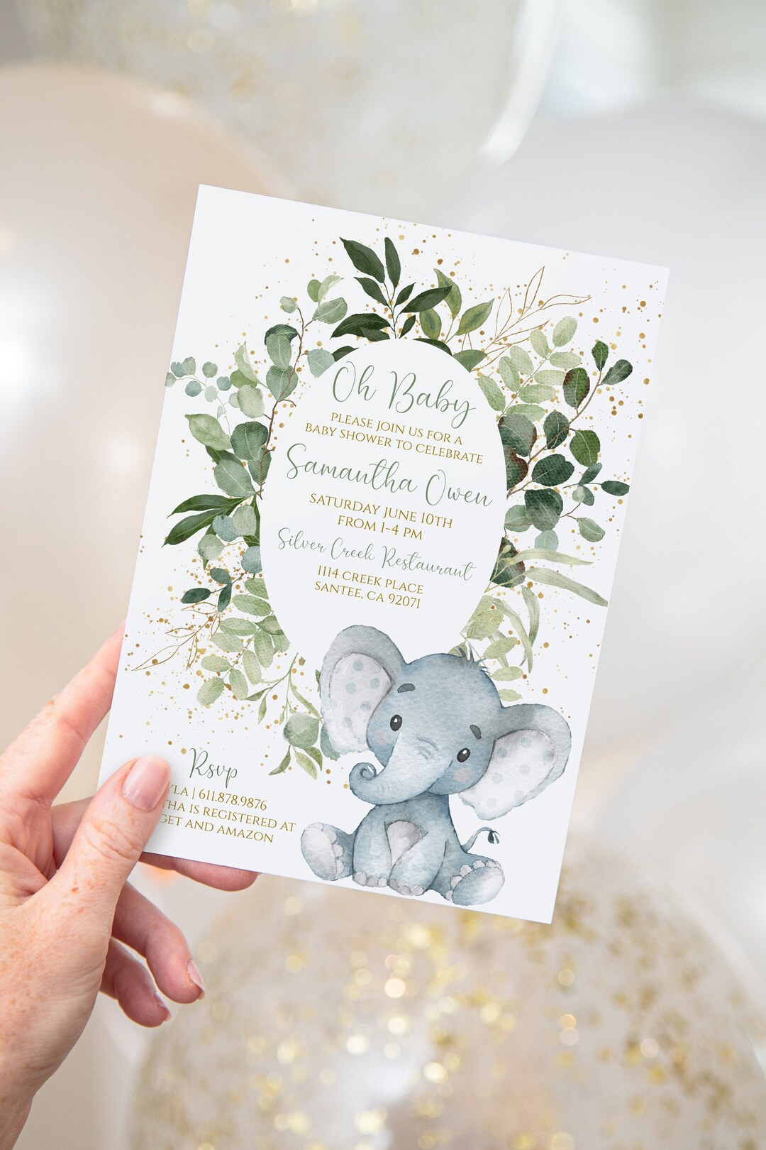 Elephant Greenery Baby Shower Invitation, Little Peanut Sage Invite ...