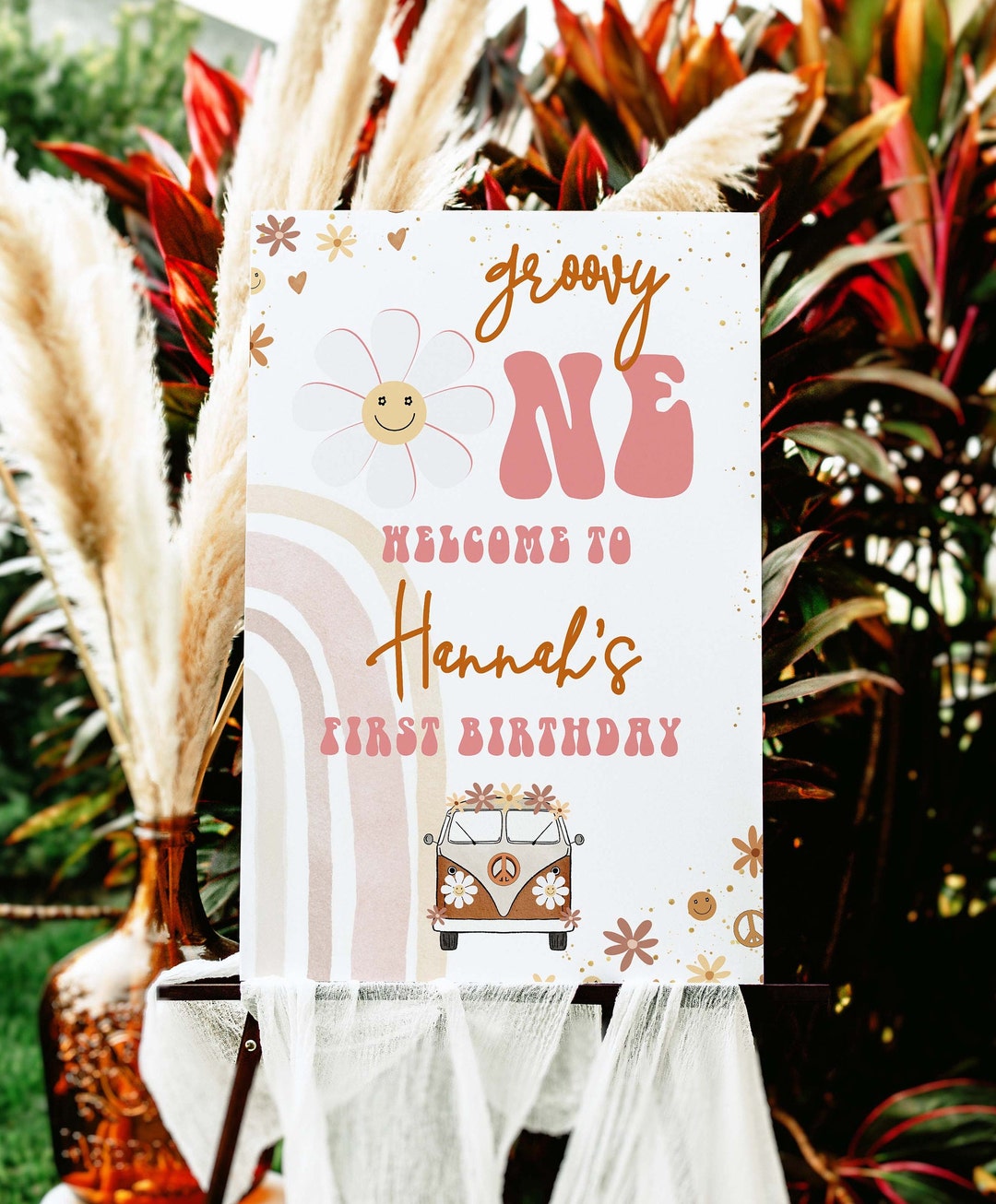 Groovy One Retro Welcome Sign, Retro Hippie Van Birthday Party, Smiley ...