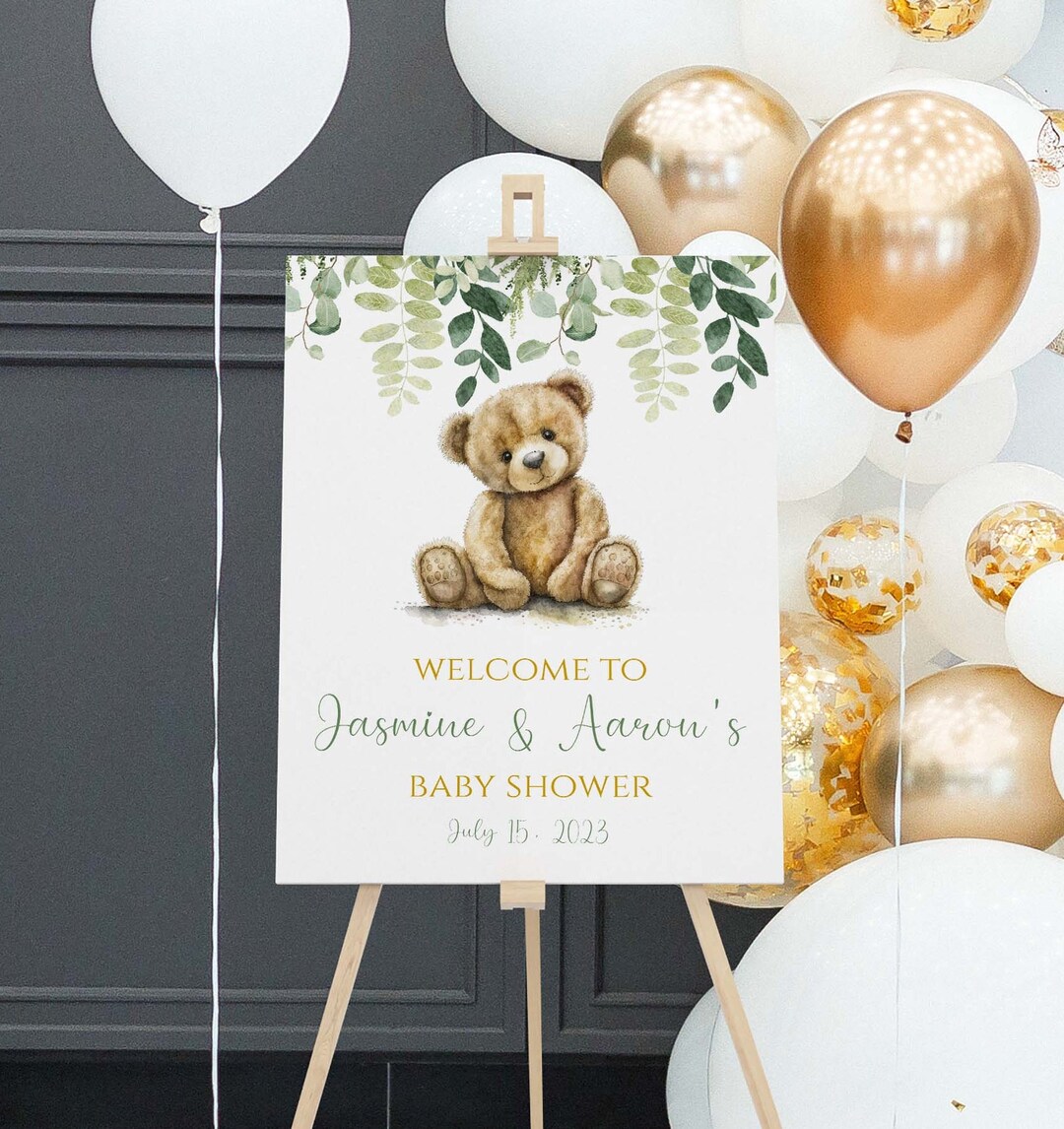 Bear Baby Shower Welcome Sign, Boy Teddy Bear Welcome Sign, Greenery ...