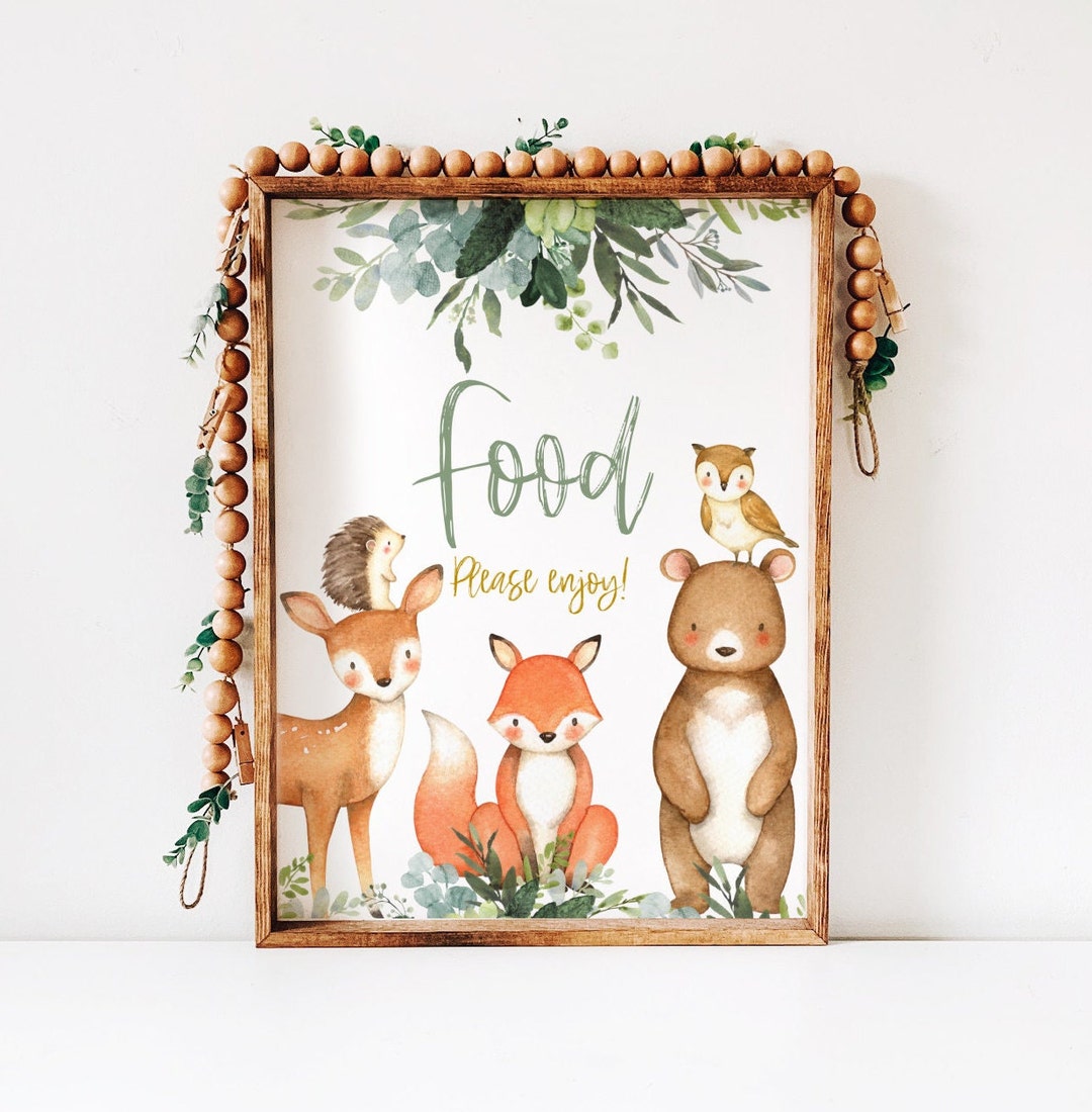 Woodland Animal Food Sign, Food Table, Sage Greenery Gold, , Baby ...