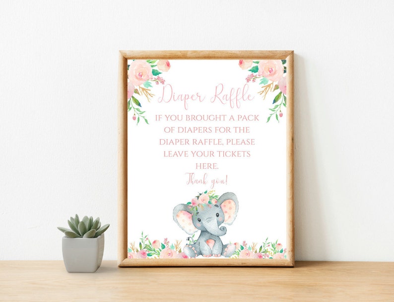 Elephant Diaper Raffle Sign, Pink Floral Elephant, Boho Elephant, Baby ...