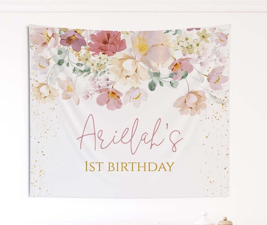 Floral First Birthday Backdrop, Garden Floral Personalized Sign ...