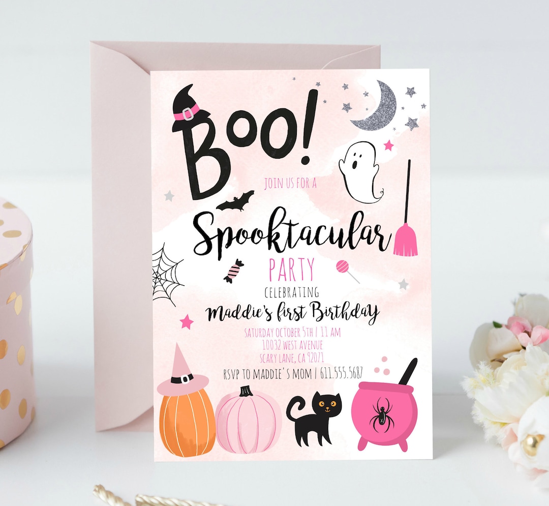 Halloween Pink Ghost Birthday Invitation. Cute Spooky Witch Birthday ...