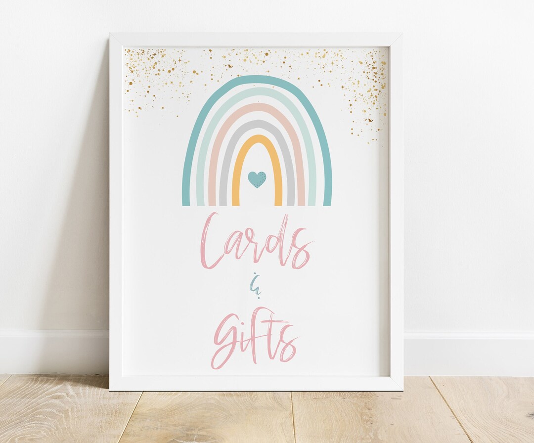 Pastel Rainbow Cards & Gifts Sign Colorful, 1st Birthday Gift Table ...