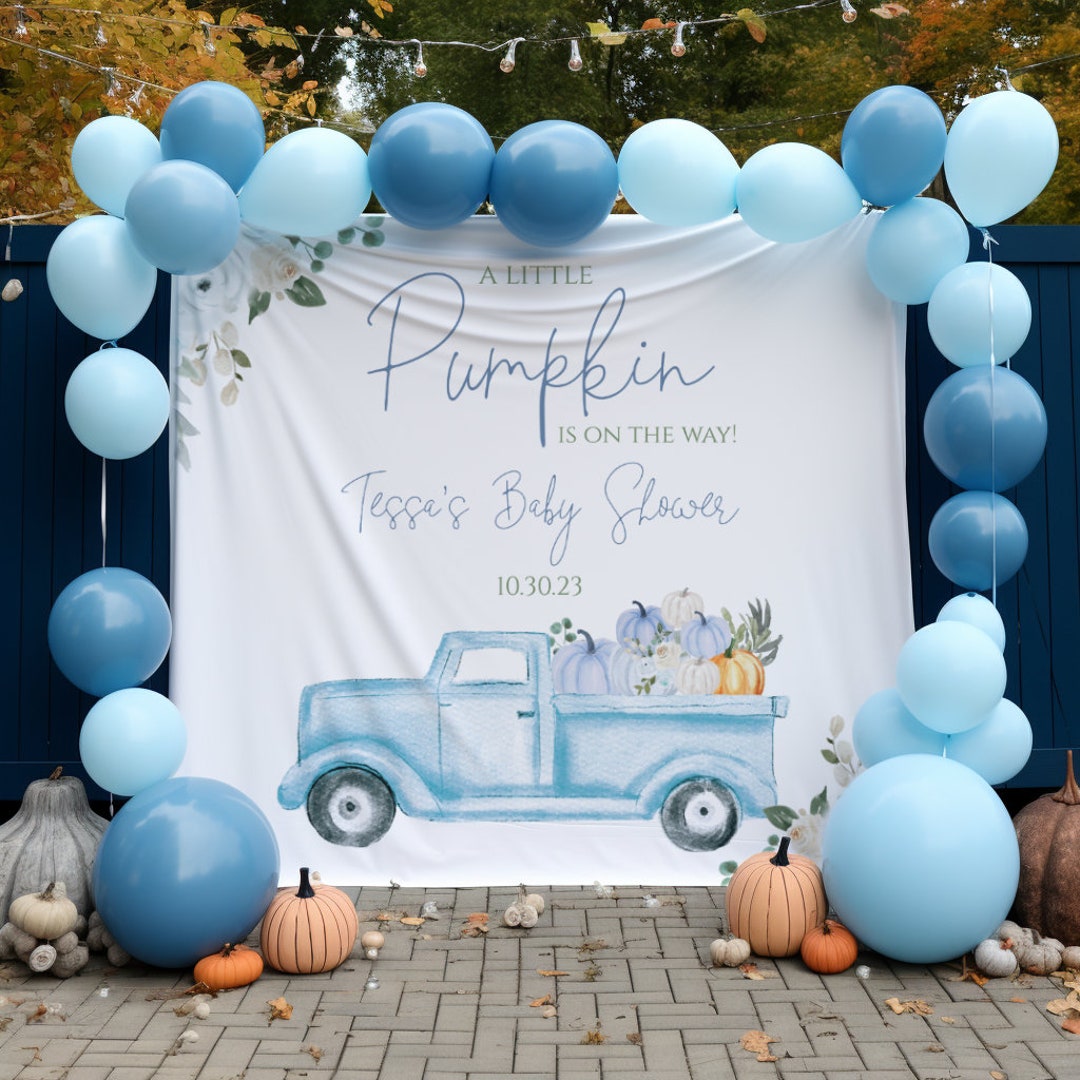 Blue Pumpkin Baby Shower Backdrop Boy, Floral Pumpkin Truck Backdrop ...