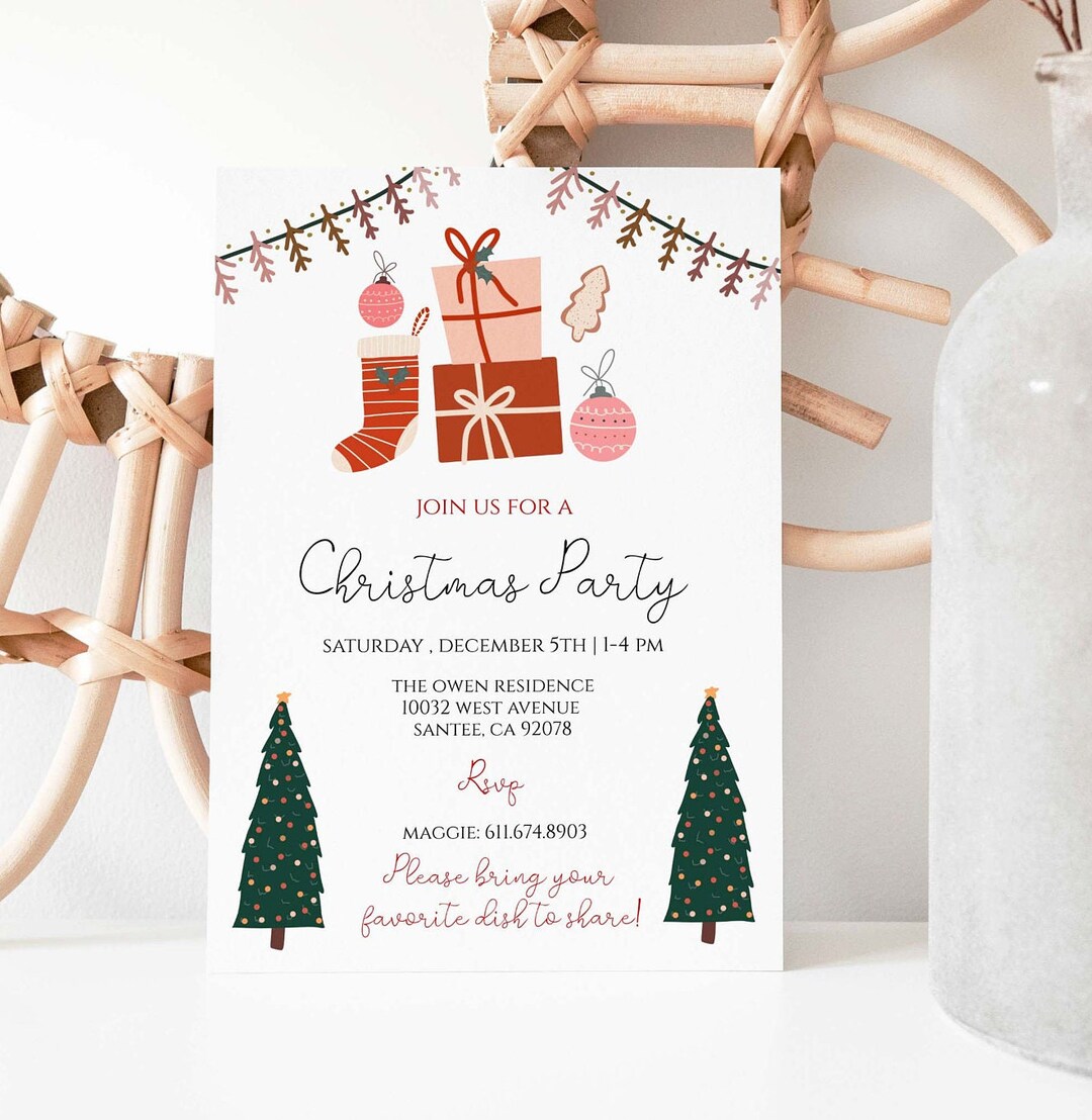 Editable Christmas Party Invitation, Boho Christmas Party, Party ...
