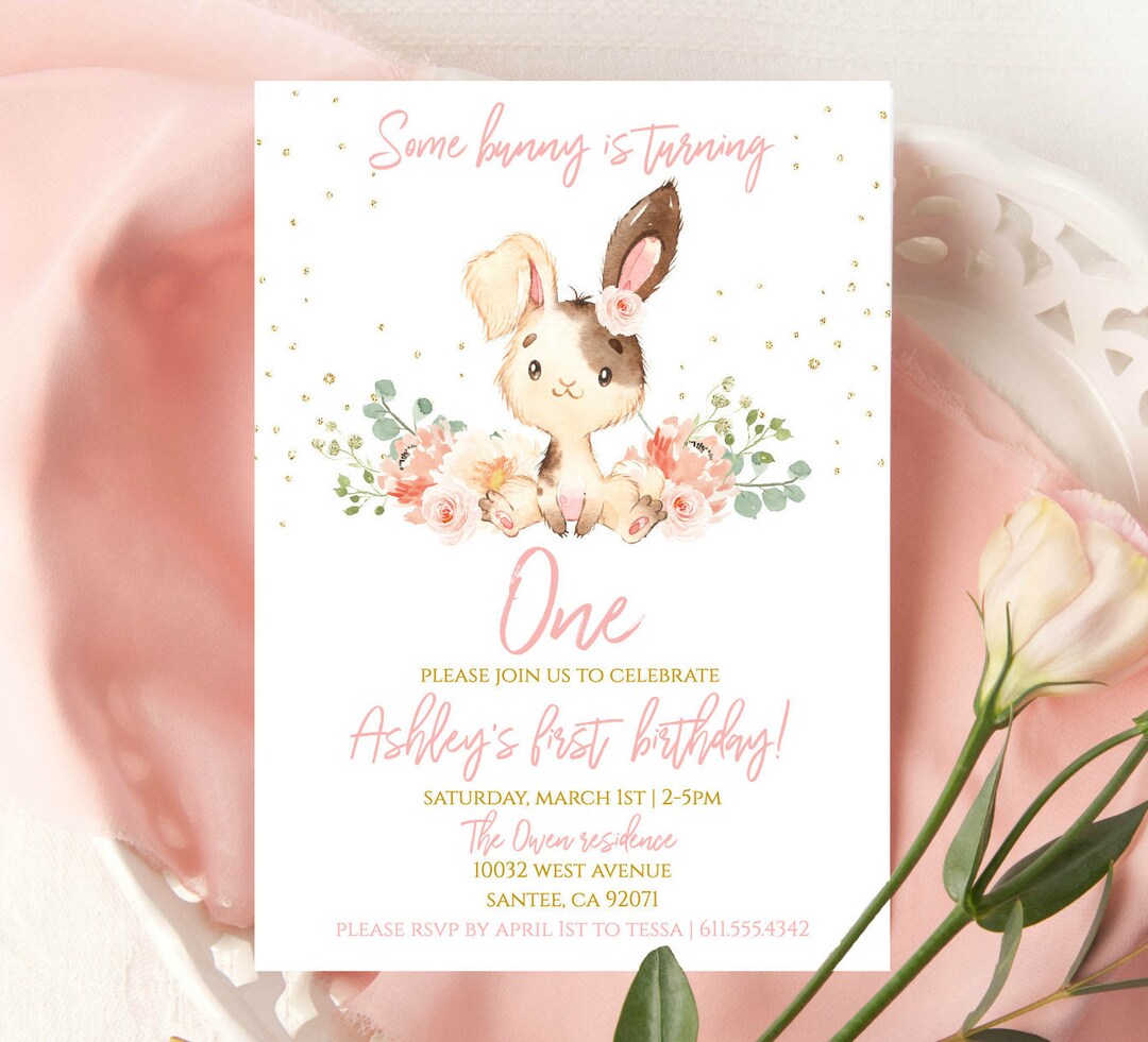Printable Bunny First Birthday Invitation, Editable Bunny Birthday ...