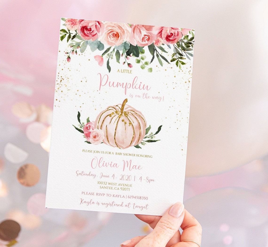 EDITABLE Pumpkin Baby Shower Invitation Floral Pink and Gold | Etsy