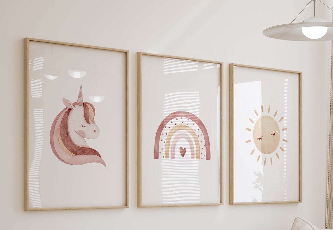 Unicorn Nursery Prints, Rainbow Sunshine Nursery Wall Art, Baby Girl ...