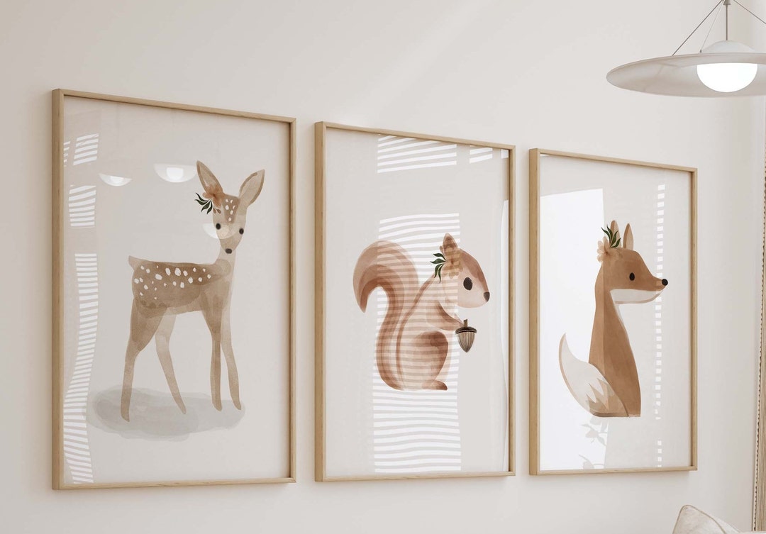 Boho Woodland Watercolor Prints, Floral Animal Nursery Wall Art, Girl's ...