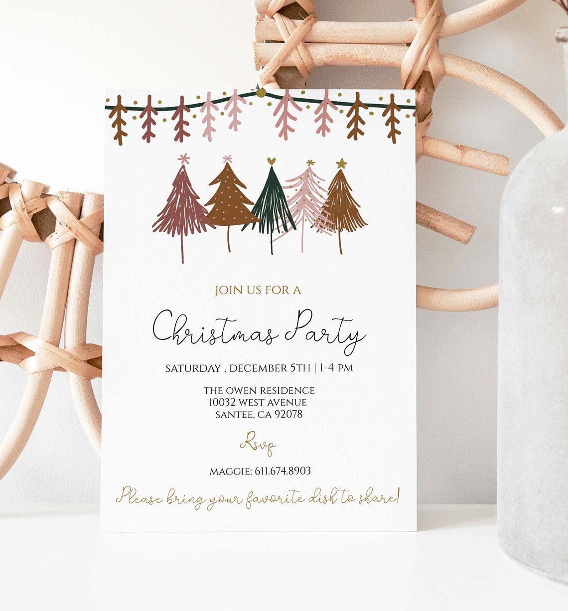 Editable Christmas Party Invitation, Boho Christmas Party, Party ...