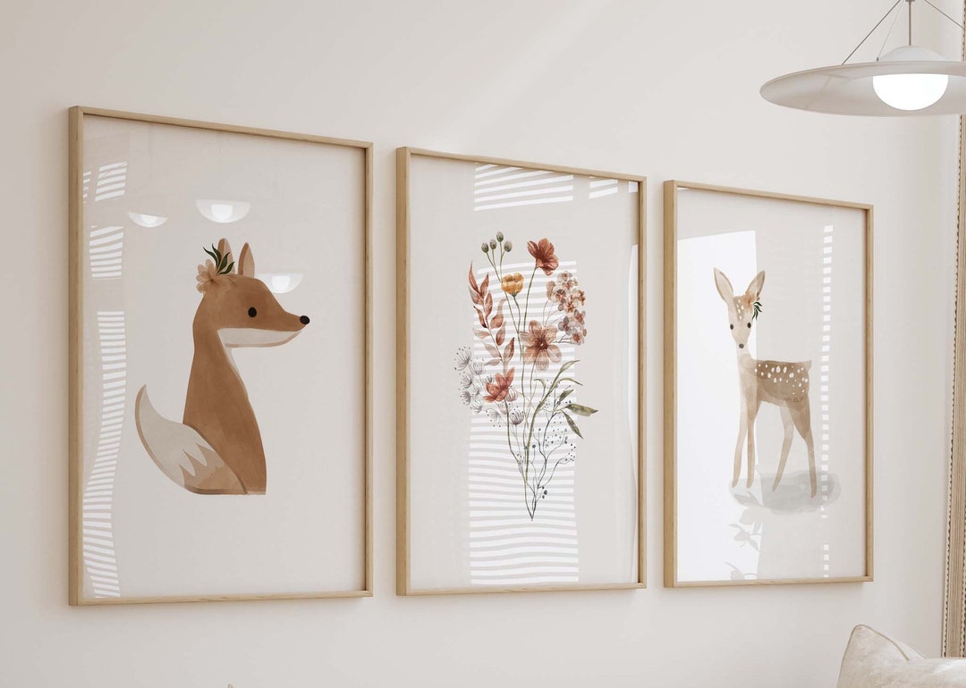 Boho Woodland Watercolor Prints, Floral Animal Nursery Wall Art, Girl's ...