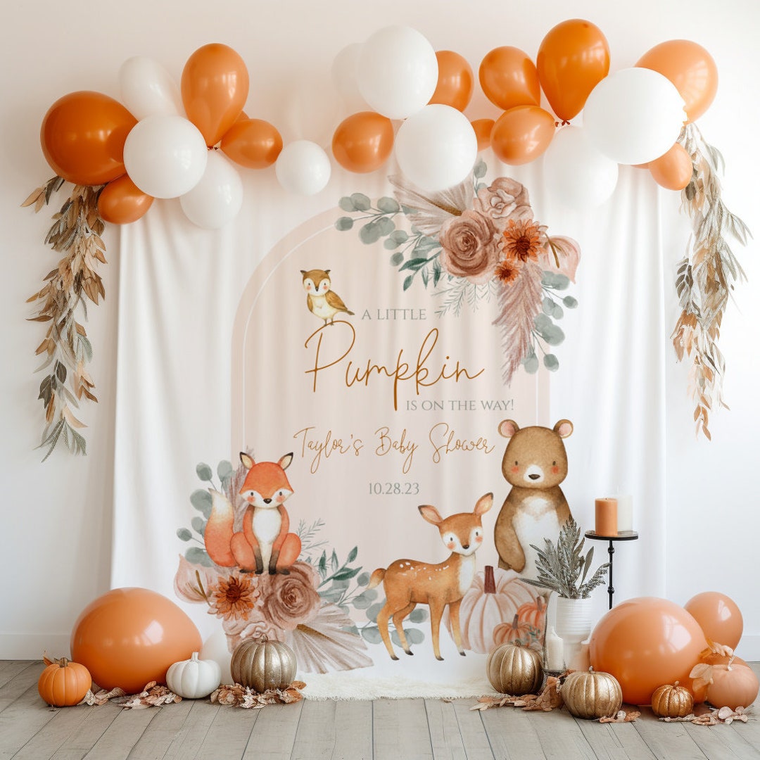 Boho Woodland Pumpkin Baby Shower Backdrop, Neutral Pumpkin Backdrop ...