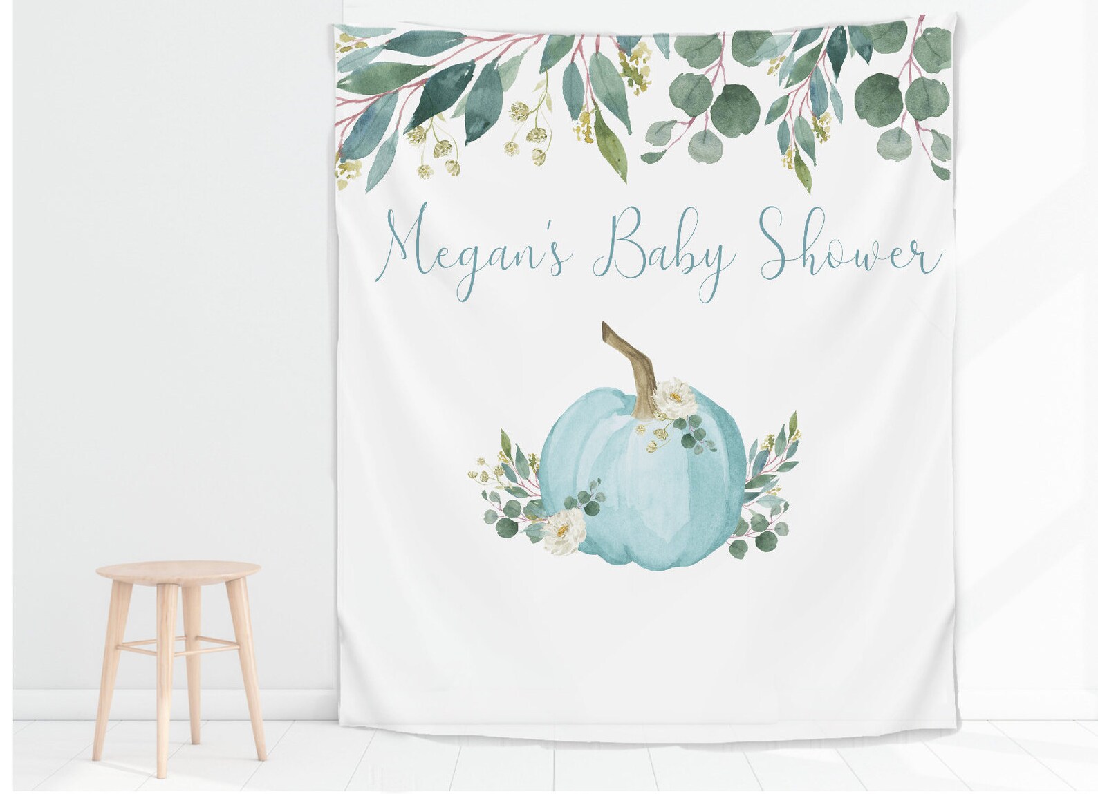 Blue Pumpkin Baby Shower Backdrop for Boy, Greenery Pumpkin Backdrop ...