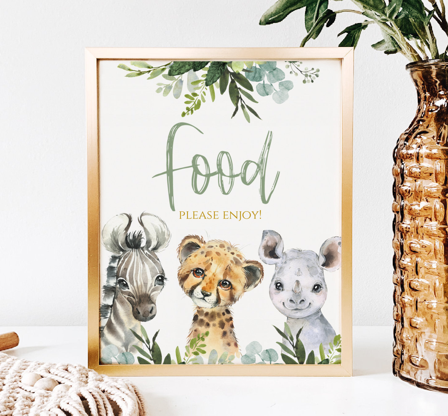 Safari Jungle Animal Food Sign, Food Station, Sage Greenery Gold ...